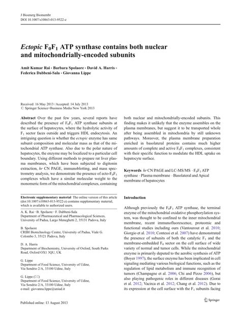Pdf Ectopic Fof1 Atp Synthase Contains Both Nuclear And