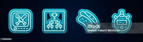 야구 경기 챔피언십 토너먼트 대진표 핫도그 샌드위치 및 스톱워치가 있는 세트 라인 모니터 빛나는 네온 아이콘입니다 벡터 Championship에 대한 스톡 벡터 아트 및