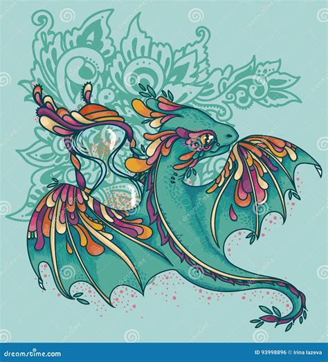 Cute Colorful Dragon And Hourglass Time Guardian Stock Vector