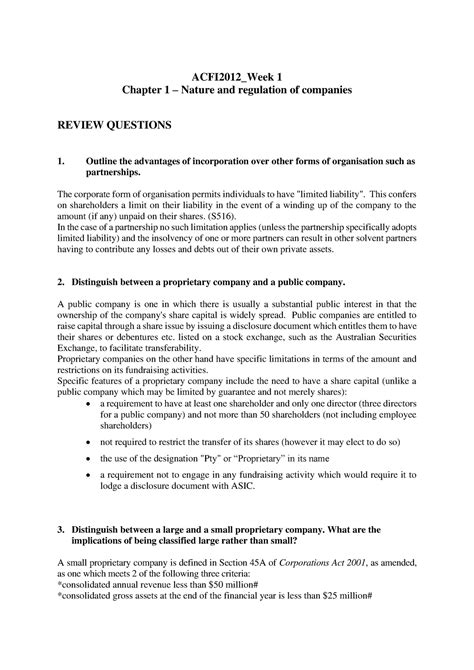Week Lecture Q A ACFI Week Chapter Nature And Regulation Of Companies REVIEW
