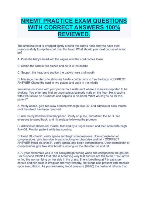 Nremt Practice Exam Questions With Correct Answers 100 Reviewed Nremt Stuvia Us