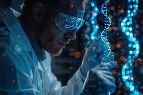 Scientist Examining Dna Structures In Augmented Reality Premium Ai Generated Image