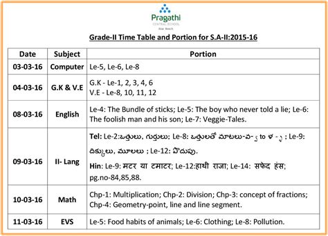 Pragathi Central School Grade 2 Time Table And Portion Of