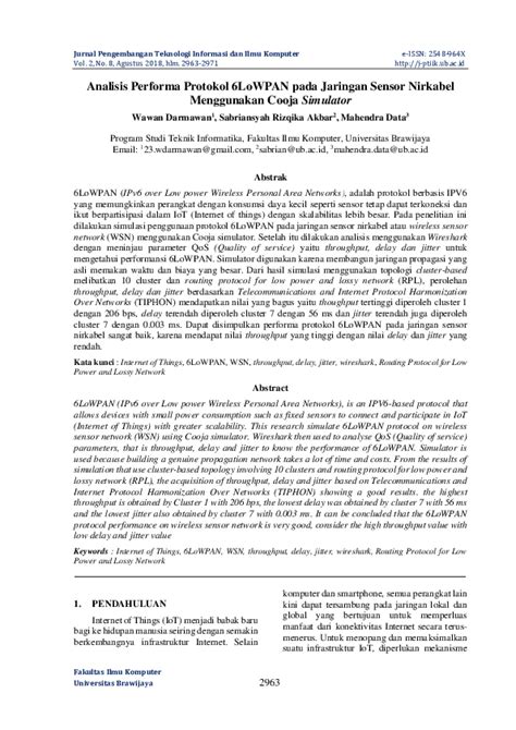 Pdf Analisis Performa Protokol 6lowpan Pada Jaringan Sensor Nirkabel Menggunakan Cooja Simulator