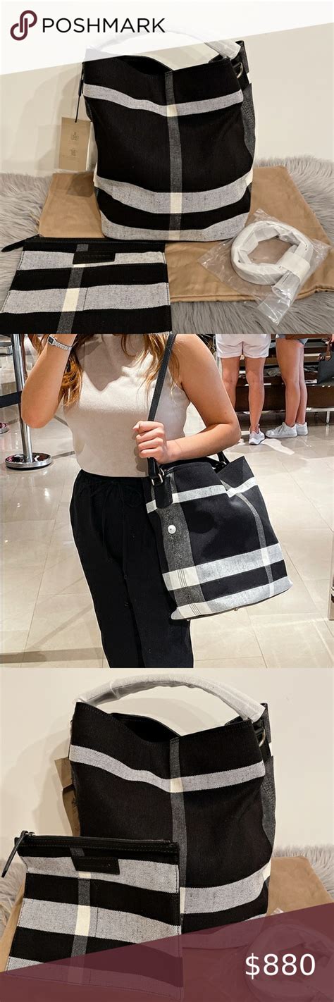 Burberry Canvas Check Colourmedium Ashby Hobo Bag Black And White