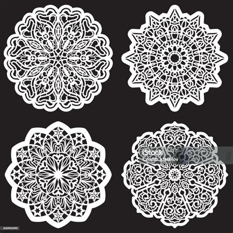 디자인 요소 레이스 종이 받침 용 냅킨 케이크 절단 눈송이 인사말 요소에 대 한 서식 파일을 장식 하는 탁상용 라운드 벡터 일러스트 가위에 대한 스톡 벡터 아트 및 기타