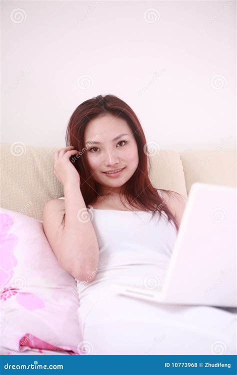 Woman Use Laptop On Bed Stock Photo Image Of Education 10773968
