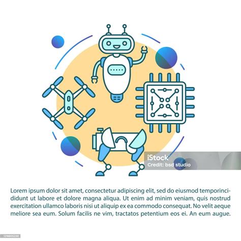 로봇 기술 기사 페이지 벡터 템플릿입니다 기계 공학 및 사이버 네틱스 브로셔 잡지 선형 아이콘소책자 디자인 요소 인쇄 디자인 텍스트가 있는 개념 그림 0명에 대한 스톡 벡터