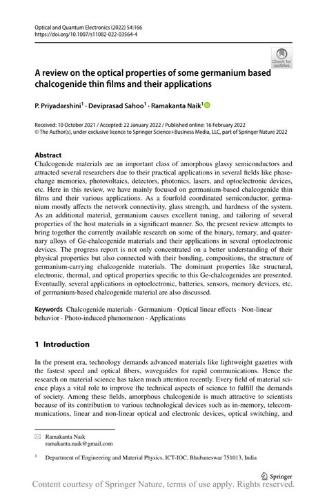 A Review On The Optical Properties Of Some Germanium Based Chalcogenide Thin Films And Their
