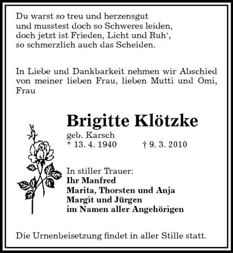 Traueranzeigen Von Brigitte Klötzke Trauer Anzeigen De