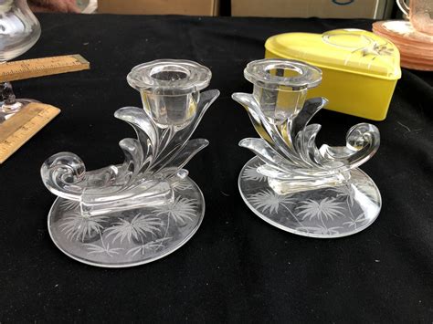 Fostoria Baroque Pair Of Crystal Candlesticks With Etched Lido Pattern