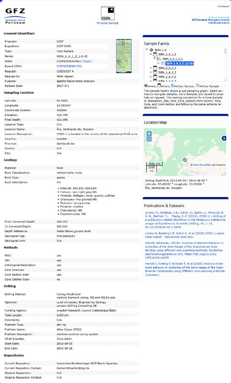 Example Of An IGSN Landing Page For A Core Sample Of The COSC 1 Project