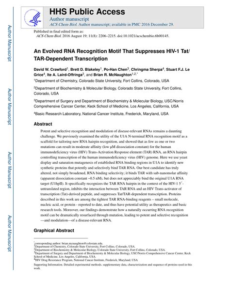 Pdf An Evolved Rna Recognition Motif That Suppresses Hiv 1 Tat Tar Dependent Transcription