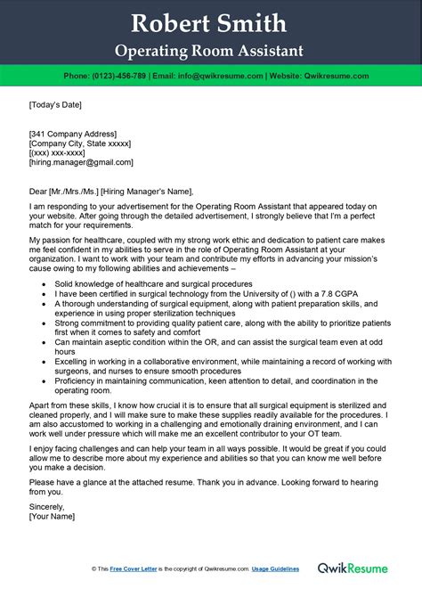 Operating Room Assistant Cover Letter Examples Qwikresume