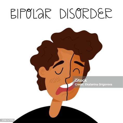 양극성 장애 해리된 분할 성격 개념 벡터 일러스트레이션 조병 행동 행복감과 우울증을 번갈아 가며 남자의 얼굴은 두 극국의 분위기로 나뉜다 우울함에 대한 스톡 벡터 아트 및