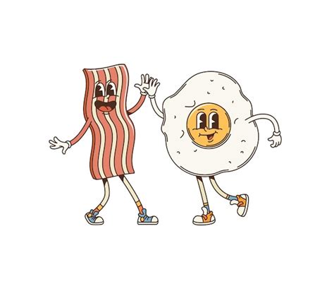 Desayuno Retro De Dibujos Animados Con Tocino Y Huevo Frito Vector