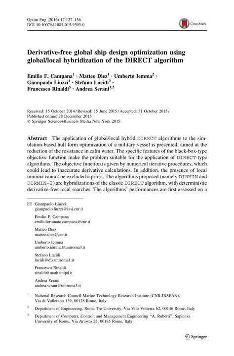 Pdf Derivative Free Global Ship Design Optimization Using Global Local Hybridization Of The