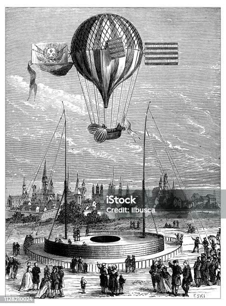 소형 연 식 비행선 열기구 Aerostat 과학적 발견의 골동품 그림 19세기에 대한 스톡 벡터 아트 및 기타 이미지 19