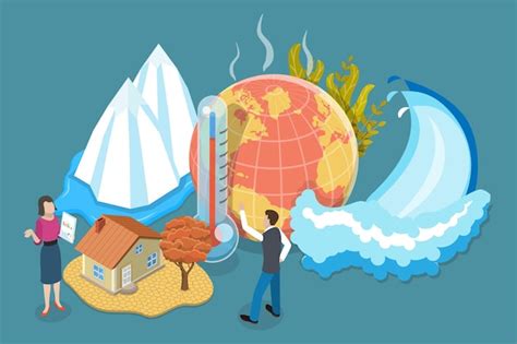 기후 변화에 대한 3d 이소메트릭 플래트 터 개념적 일러스트레이션 프리미엄 벡터