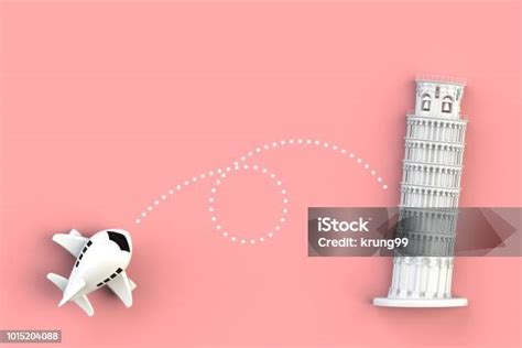 가까이를 비행 하는 비행기의 기대 피사 타워 개념 그림 분홍색 배경에 복사 공간 3d 렌더링 보기 가기 모형에 대한 스톡 사진 및 기타 이미지 Istock