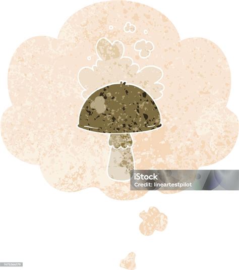 그런 지 고민 복고풍 질감 스타일에 생각 거품이 있는 포자 구름이 있는 만화 버섯 구름에 대한 스톡 벡터 아트 및 기타 이미지 구름 귀여운 균류 Istock
