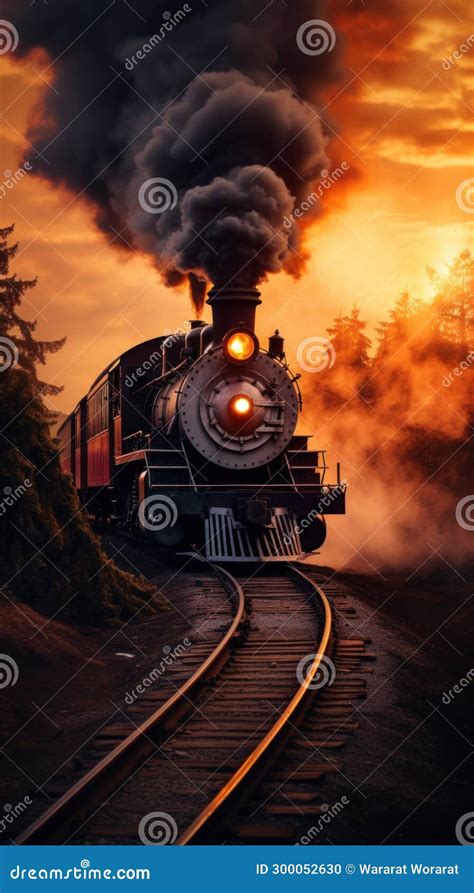 A Vintage Steam Powered Railway Train In Smoke Steam Locomotive With