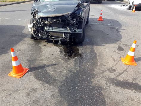 Broken Suv Car After A Front Collision Damaged Engine Compartment Of Vehicle Stock Image