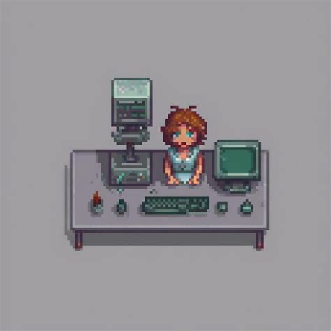 Cute Pixel Art Of A Girl At Her Desk Computer In Hand Premium Ai Generated Image