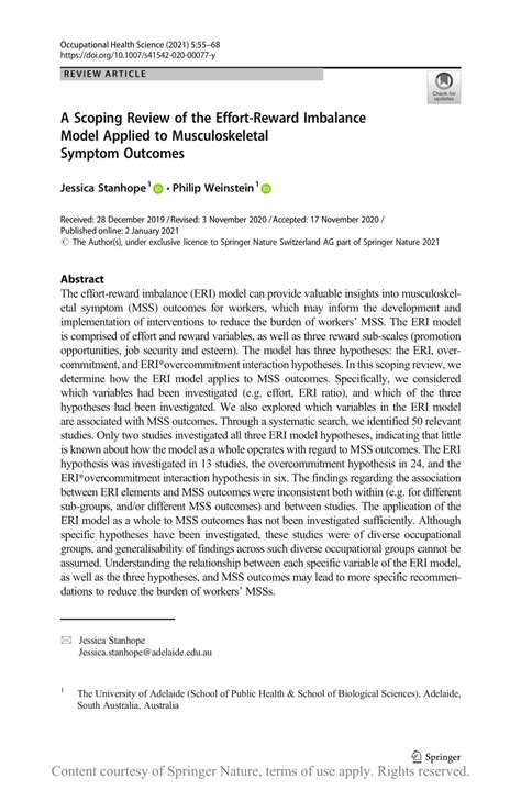 A Scoping Review Of The Effort Reward Imbalance Model Applied To