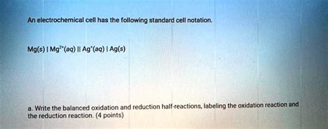 An electrochemical cell has the following standard cell notation. Mg(s ...