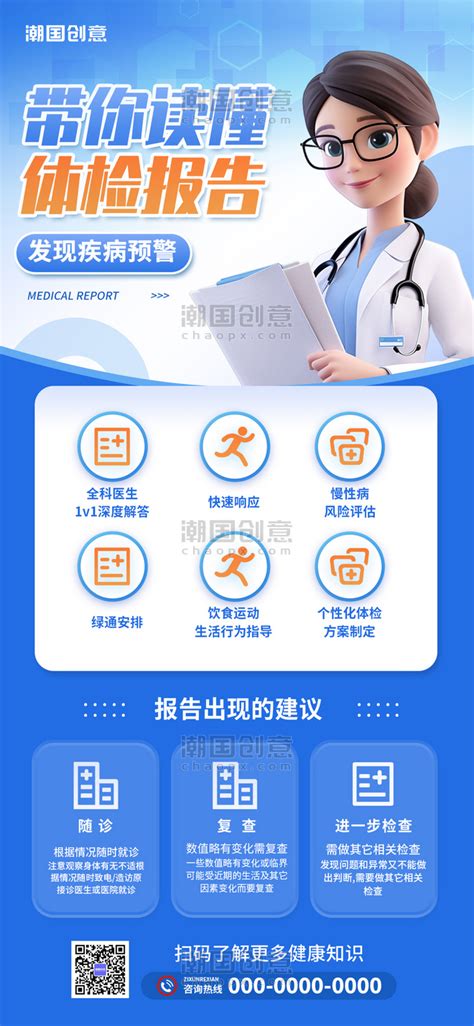 体检报告解读科普医疗健康蓝色简约卡通广告宣传海报图片潮国创意