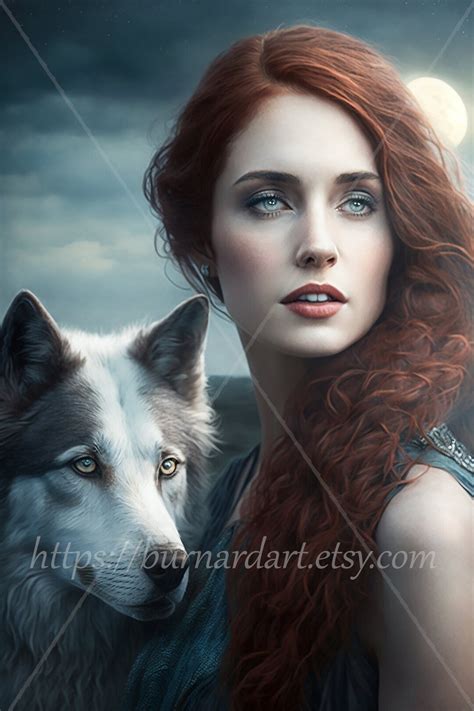Digital Download Beautiful Auburn Haired Woman With White And Grey Wolf