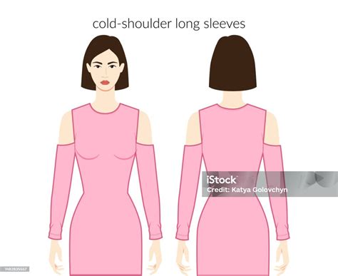 차가운 어깨 소매 긴 길이 옷 캐릭터 핑크 탑 셔츠 드레스 테크니컬 패션 일러스트에 아름 다운 아가씨와 몸에 맞은 플랫 의류 템플릿 앞면 뒷면 여성 남성 남녀 공용 Cad