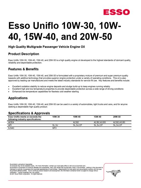 Esso Uniflo 10w 30 10w 40 15w 40 And 20w 50 En Pdf Motor Oil Exxon Mobil