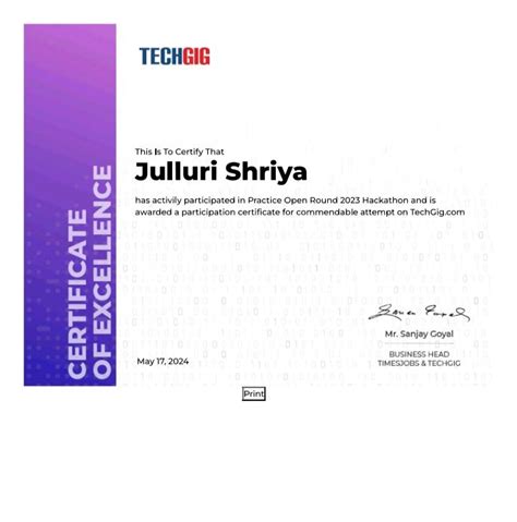 Certificate Issued By Techgig For Participation In Open Round 2023