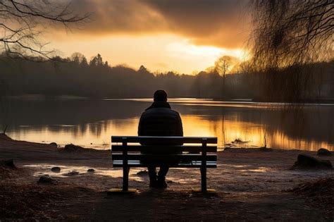 Uma Pessoa Sentada Em Um Banco à Beira De Um Lago Ao Pôr Do Sol Foto
