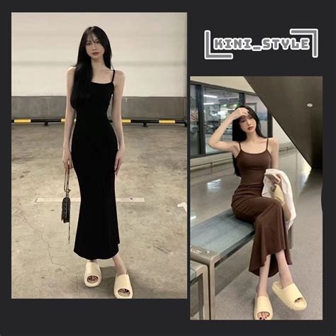 Đầm body 2 dây dáng dài đuôi cá váy body 2 dây dáng dài chất thun len