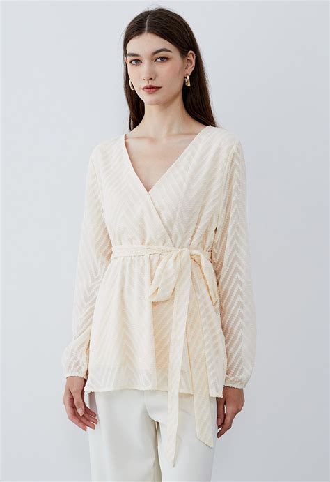Zigzag Flock Dot Tie Waist Wrap Top In Cream Retro Indie And Unique