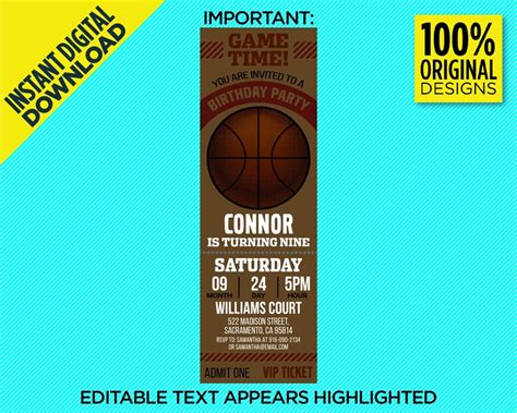 Basketball Ticket Printable Invitation Basketball Themed Etsy