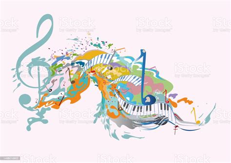 고음 음표와 다채로운 스플래시 노트와 파도추상 음악 디자인 다채로운 고음 음표 음악부호에 대한 스톡 벡터 아트 및 기타 이미지 음악부호 재즈 여름 Istock
