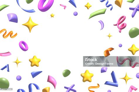 흰색 배경에 만화 스타일의 별 리본 나선형 및 기하학적 모양이 있는 3d 파티 색종이 조각 3차원 형태에 대한 스톡 사진 및 기타 이미지 Istock