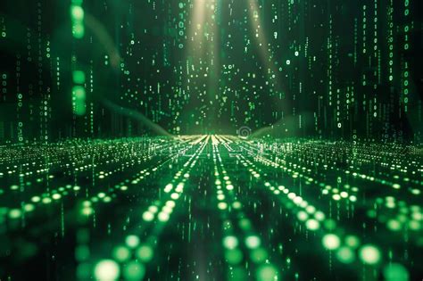 Digital Image Of Digital Matrix Background With Green Binary Code And Light Rays Creating An