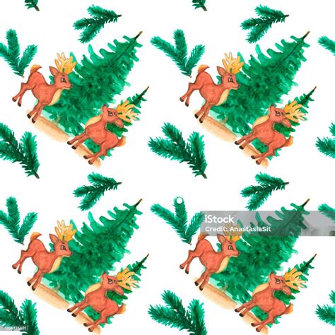 수채화 손 은 크리스마스 배경을 그린 새끼 사슴 사슴과 매끄러운 패턴 그리고 배경에 전나무 나무 새해 원활한 패턴 겨울에 대한 스톡 벡터 아트 및 기타 이미지 Istock
