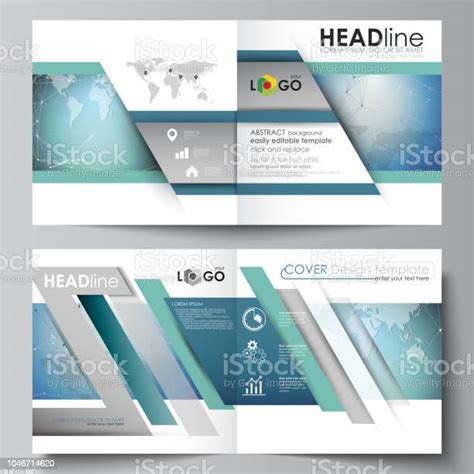 사각형 디자인 Bi에 대 한 두 개의 표지 서식 파일의 편집 가능한 레이아웃의 벡터 일러스트 레이 션 소책자 전단지 잡지 브로셔 접어 화학 패턴 선 및 점 들을 연결입니다