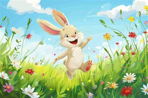 Joyful Rabbit Frolicking Among Colorful Flowers Stock Illustration Illustration Of Cartoon