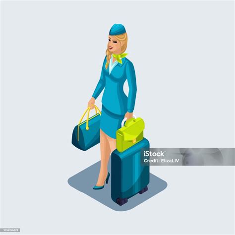 아이소메트리 국제 항공편 작품 가방 물건에 스튜 어디 스 여자의 공항 비행기 공항에 대한 스톡 벡터 아트 및 기타 이미지