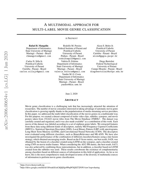 PDF A Multimodal Approach For Multi Label Movie Genre Classification