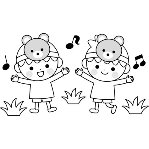 お遊戯会のかわいいイラスト画像素材（白黒、モノクロ）