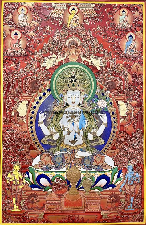 唐卡寄卖编号：jm·188 318369 四臂观音雪域三怙主天界五佛化现吉祥平安供养图（红唐） 沃唐卡
