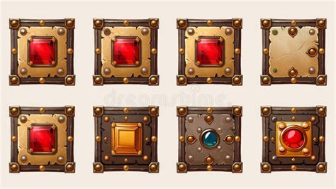 Ui Medieval Square Red Buttons With Metal Borders And Gemstones Fashionable Cartoon Empty
